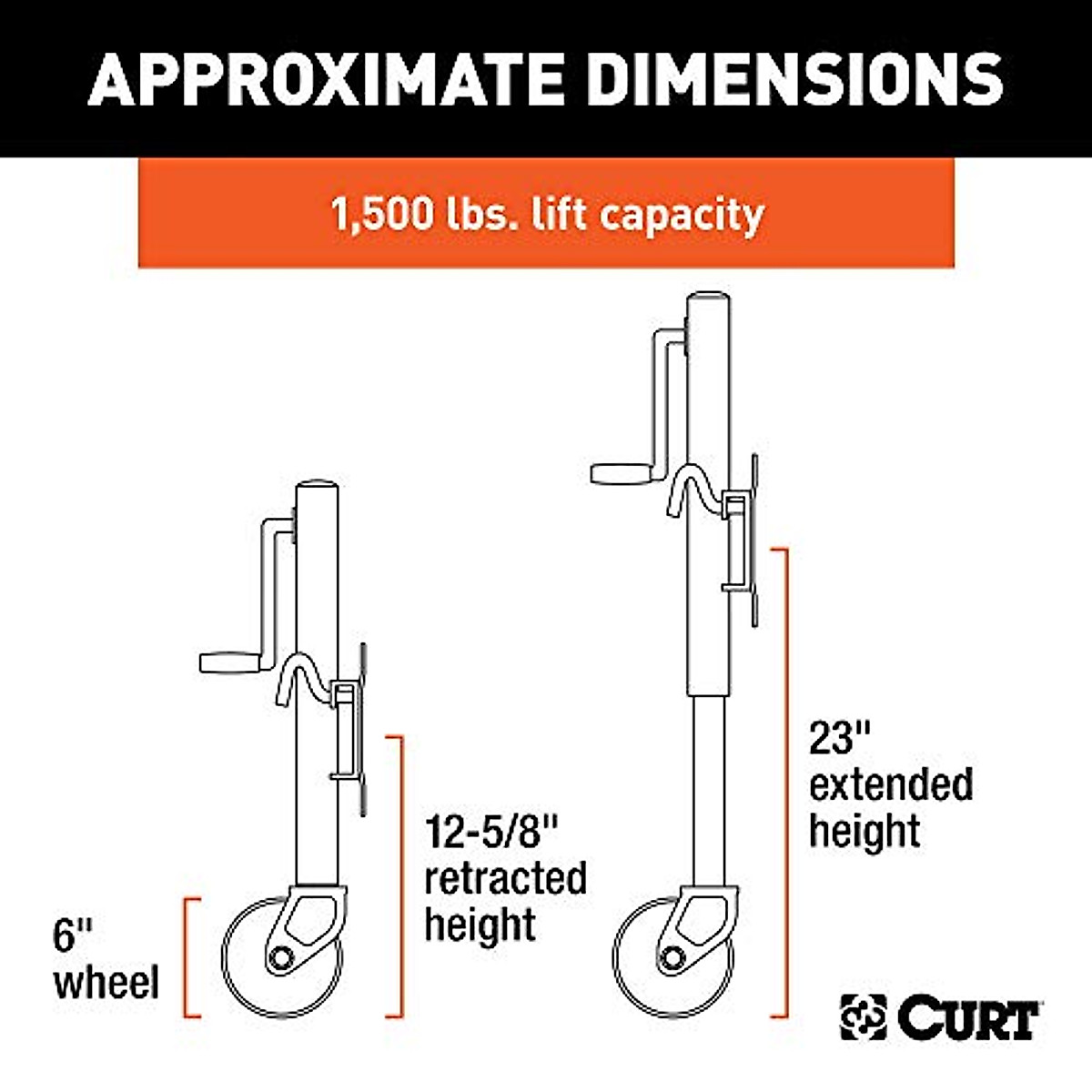 CURT 28155 Marine Boat Trailer Jack with 6-Inch Wheels, 1,500 lbs. 10-3/8 Inches Vertical Travel