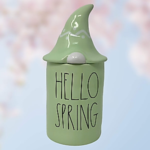 RAE Dunn Green Garden Mint Scented Candle "Hello Spring" Spelled with Rae Dunn Style Using LL Font - Super Cute Gnome Hat Lid - Add This Candle to Your Rae Dunn Collection and Home Kitchen Décor