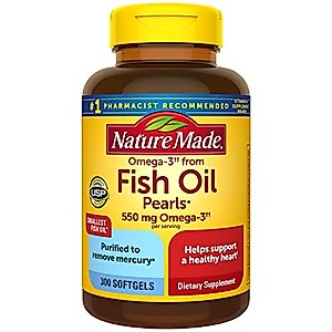 Nature Made Omega 3 Fish Oil Pearls 550 mg per serving, Small Size Fish Oil Supplements as Ethyl Esters, Omega 3 Supplement for Healthy Heart Support, 300 Softgels, 100 Day Supply