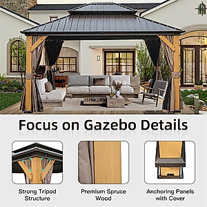12'x14' Hardtop Gazebo, Outdoor Cedar Wood Frame Canopy with Galvanized Steel Double Roof, Outdoor Permanent Metal Pavilion with Curtains and Netting for Patio, Backyard and Lawn(Brown)