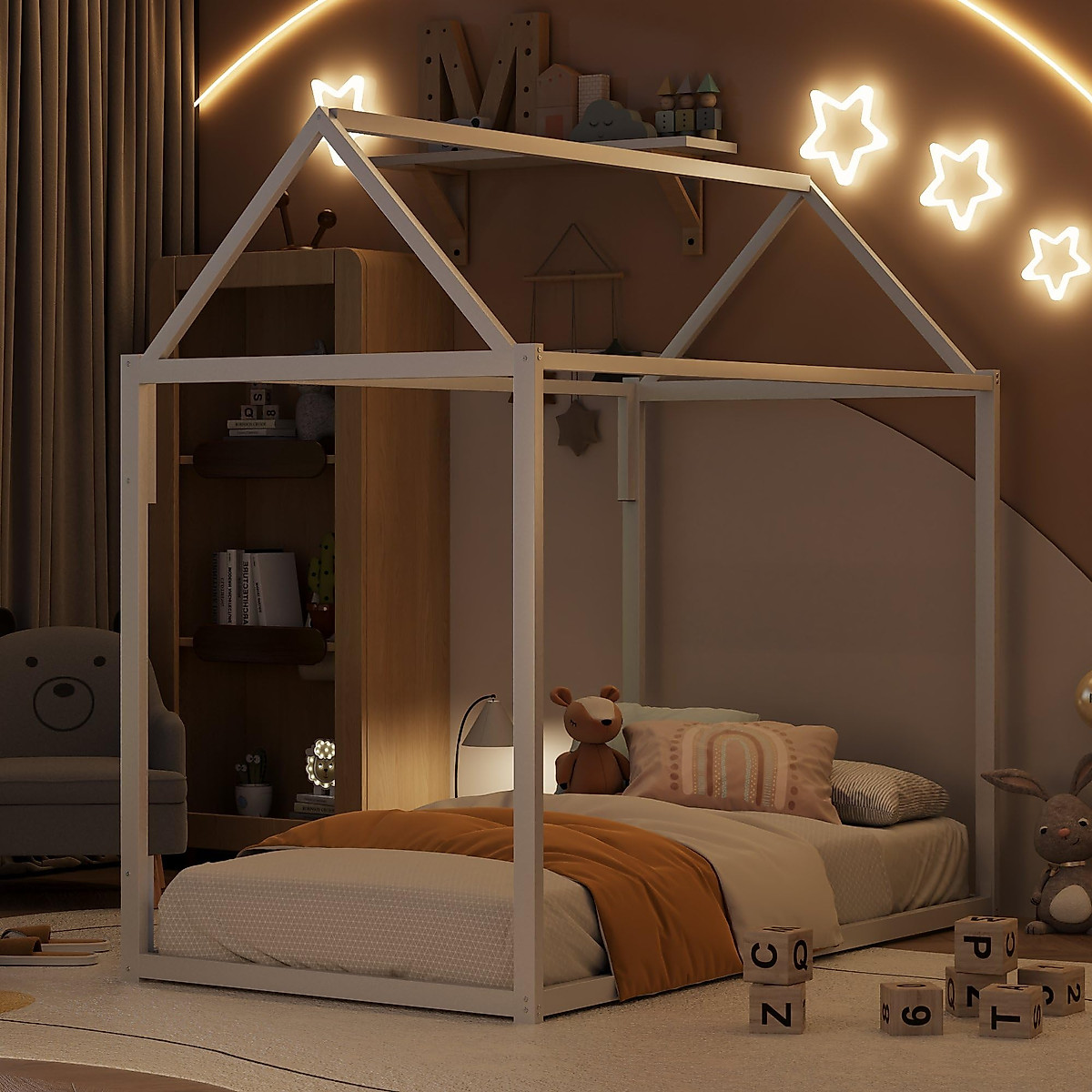 Merax Metal House Bed : Metal Floor Bed,House Shape Bed with Metal Slats,Twin Size,White