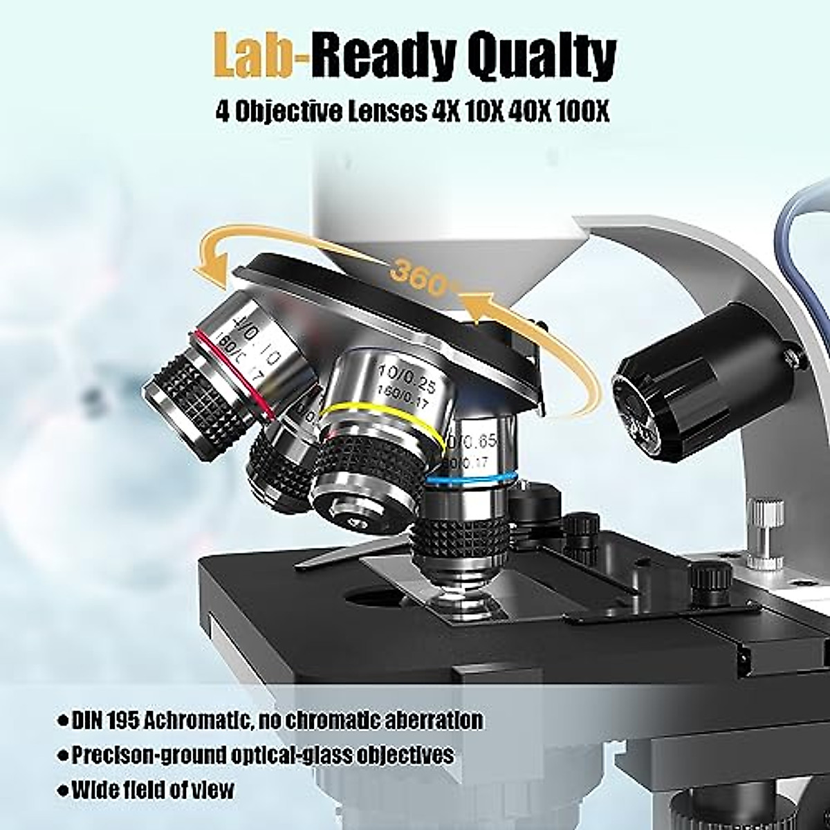 Upgrade Compound Monocular Microscope with 40X-2500X, Dual-View Microscope for Adults, Wide-Field 10X and 25X Eyepieces, Dual Illumination, Built-in 5MP Camera with 7’’ LCD Screen, Abbe Condenser