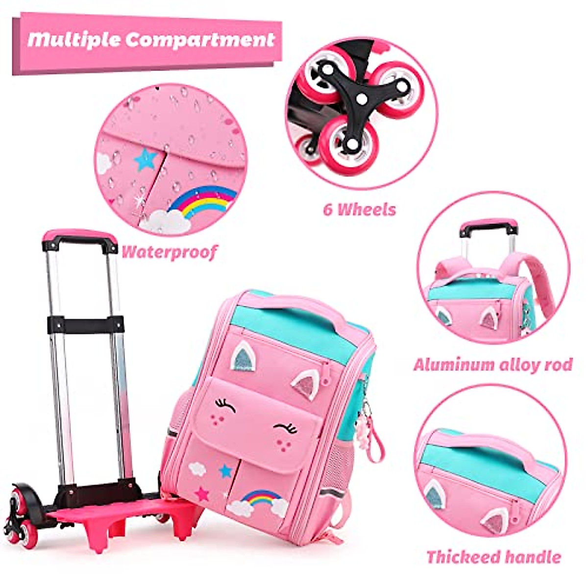 Girls Rolling Backpack with 6 Wheels, 16 Inch Lightweight Roller Backpacks for girls Elementary, Carry-on wheeled backpack for School Travel, 4+ Years Old, Pink