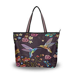 linqin Women's Shoulder Handbags Tote Purse with Zipper closure Humming Bird And Tropical Flowers Embroidery