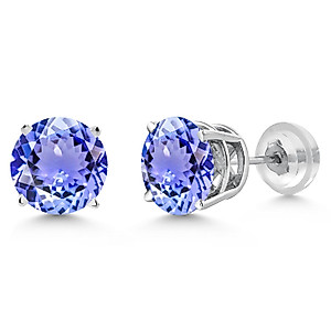Gem Stone King 14K White Gold Natural Genuine Blue Tanzanite Stud Earrings For Women (1.80 Cttw, Gemstone Birthstone, Round 6MM)
