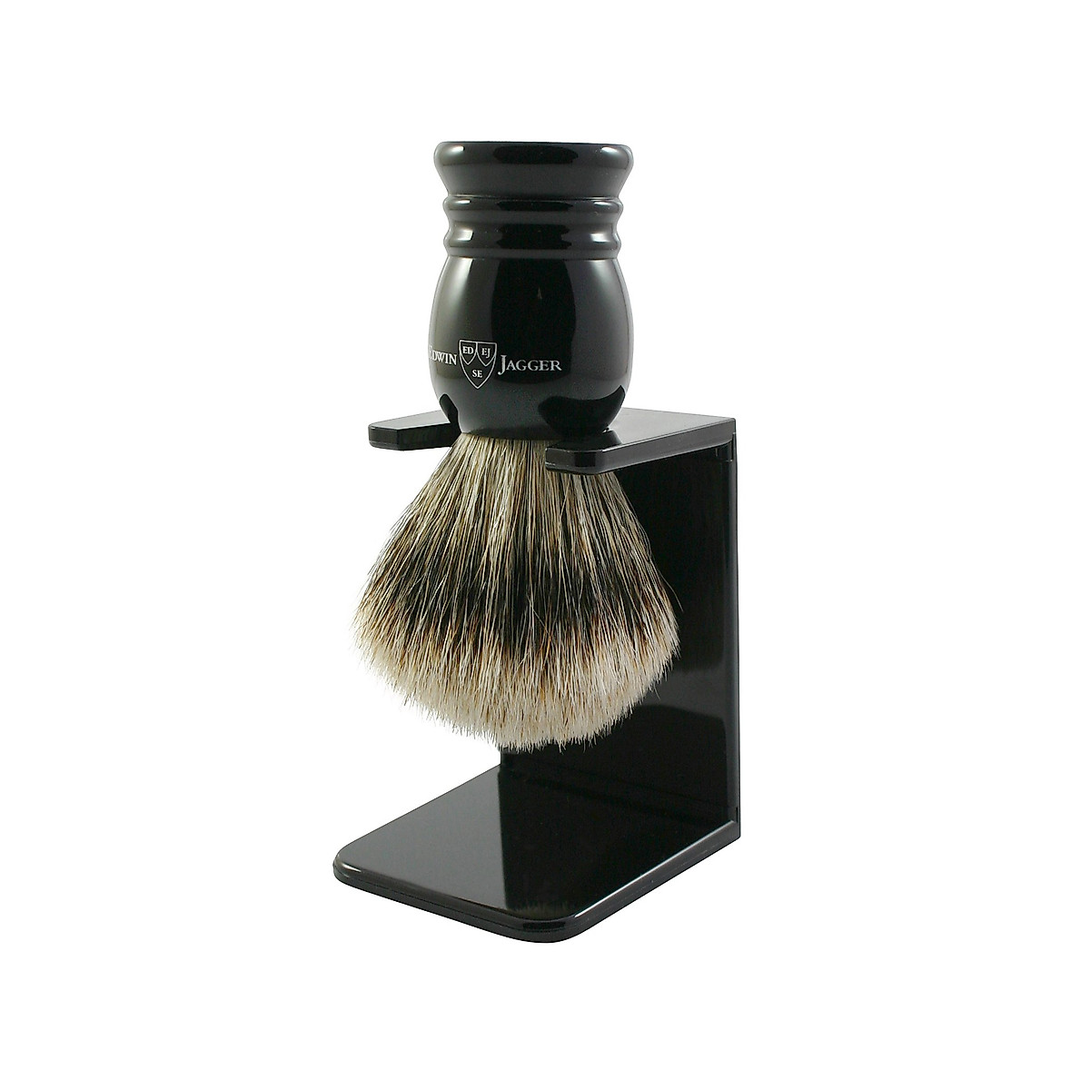 Edwin Jagger 1EJ256SDS Traditional Imitation Ebony Super Badger Hair Exfoliating Shaving Brush with Drip Stand for Shaving Soap or Cream for Men and Women (Medium)