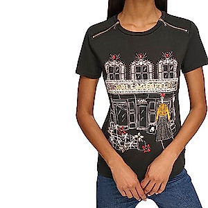 Karl Lagerfeld Paris Women's Logo Tee Zipper Shoulder Detail Short Sleeve, Black