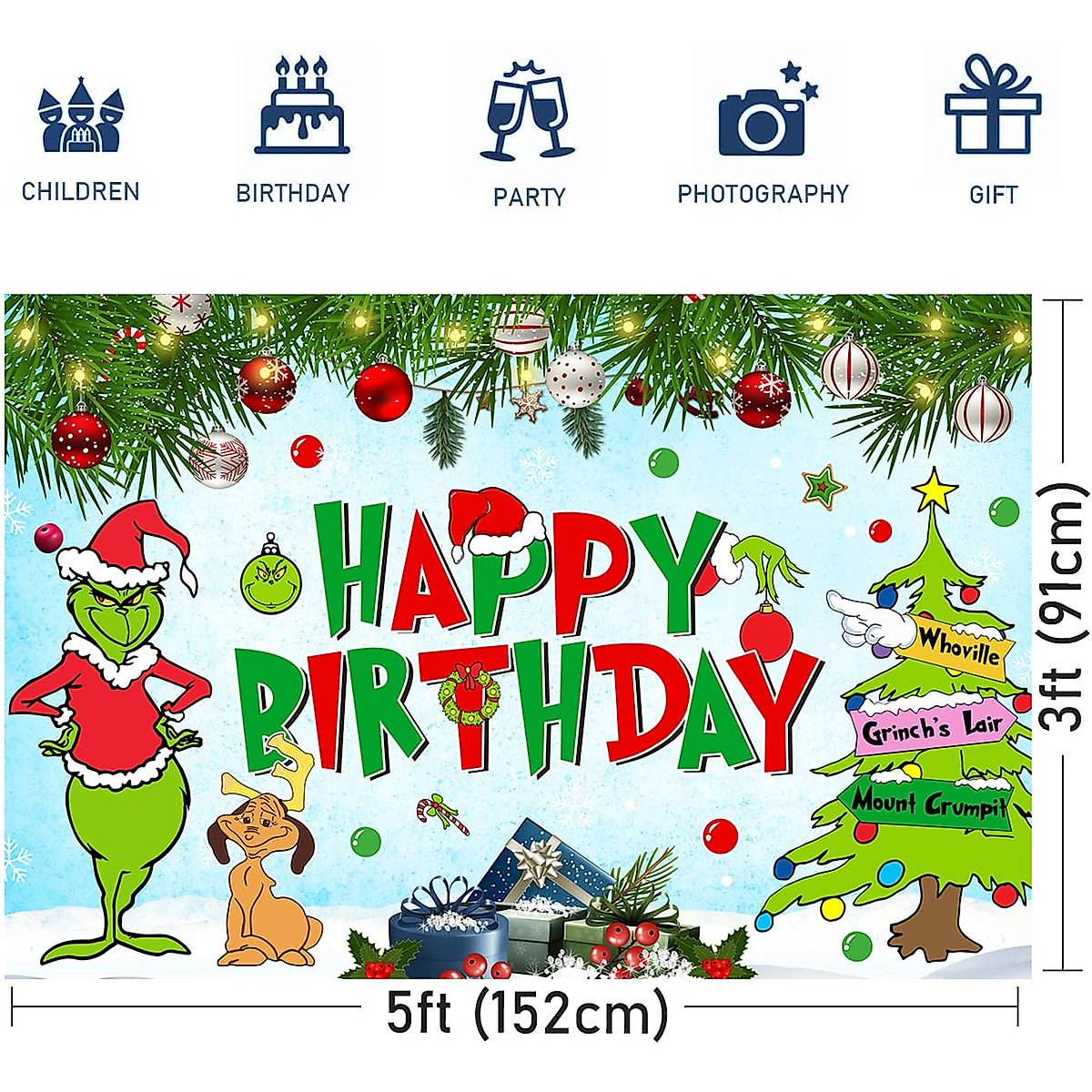 Christmas Birthday Party Decorations, 5x3 Ft Happy Birthday Backdrop for Kid Party Supplies Happy Birthday Banner Cartoon Themed Party Decorations Photography Background