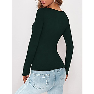 Women Long Sleeve Tops Scoop Neck Low Cut Slim Fitted Henley Shirt Sexy Basic Tee Shirts Tops Blackish Green