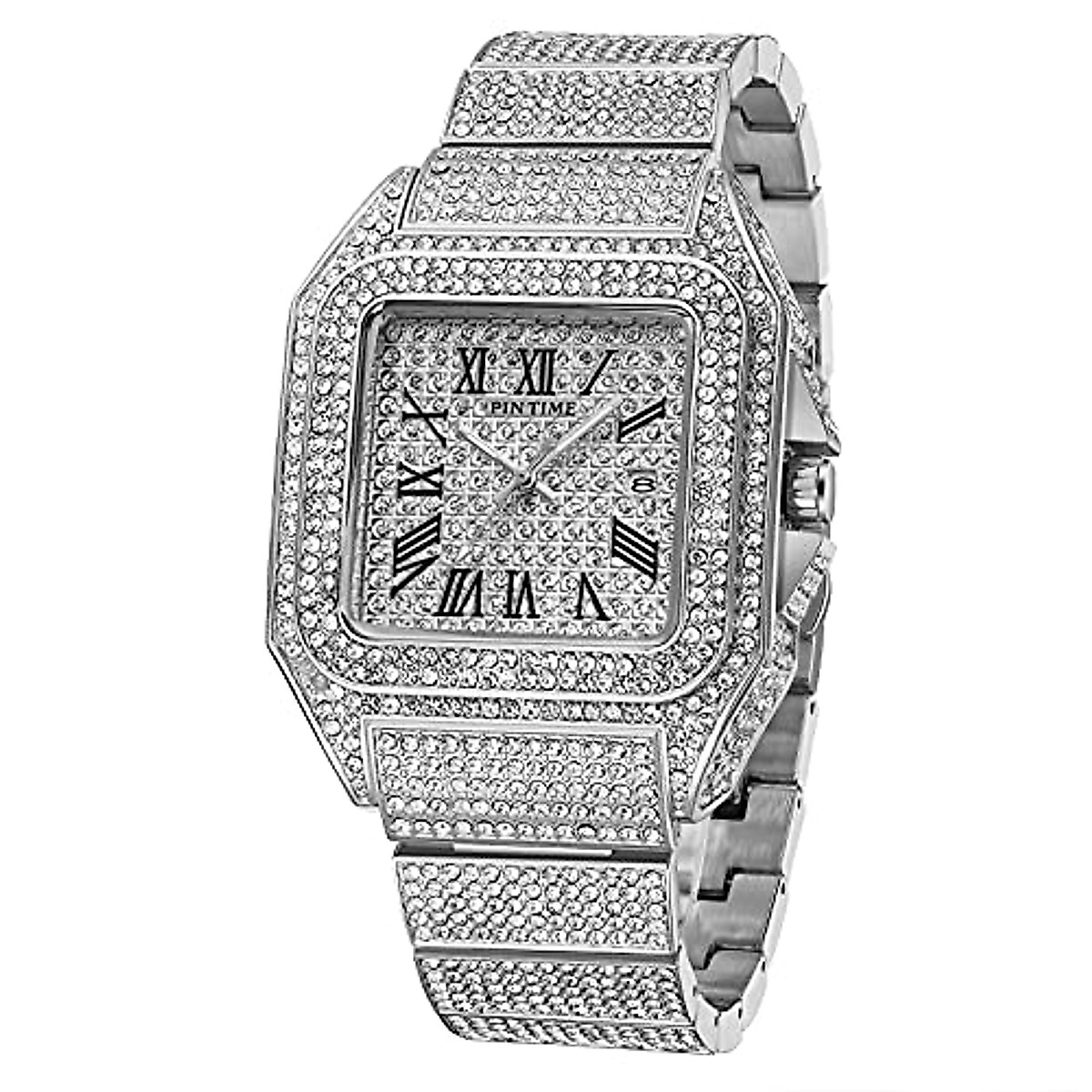 PINTIME Mens Full Iced Out 43mm Big Face Bling Luxury Crystal Square Watches Fashion Hip Hop Jewelry Watch for Men