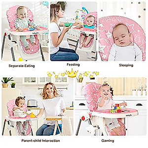 BABY JOY Folding High Chair for Babies & Toddlers, Infant Dining Chair w/Removable Dishwasher Safe Tray, 5-Point Safety Belt, Wheels, Detachable Cushion, Adjustable Backrest Footrest & Height (Pink)