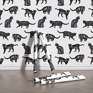 GLOW4U Self Adhesive Black Cat Shelf Liner Contact Paper Peel and Stick Cats Wallpaper for Wall Kids Room Drawer Cabinets Dresser Door Funiture Decor 17.7X117 Inches