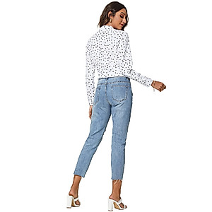 Atnlewhi Women Basic Long Sleeve Button Down Shirts Simple Pullover, Polka Dot/White, M