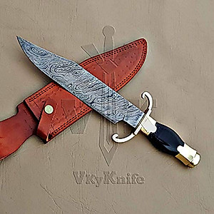 JNR Traders vkn2074 Handmade Damascus Steel Fixed Blade Hunting Knife Compatible for Bowie knife with Leather Sheath