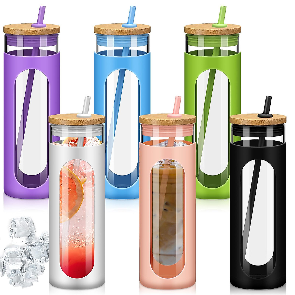 Uiifan 6 Pack 20 oz Glass Tumbler with Straw and Bamboo Lid Reusable Iced Coffee Tumbler Glass Water Bottle with Lids and Protective Sleeve Wide Mouth Water Cups for Home Office Party, 6 Colors