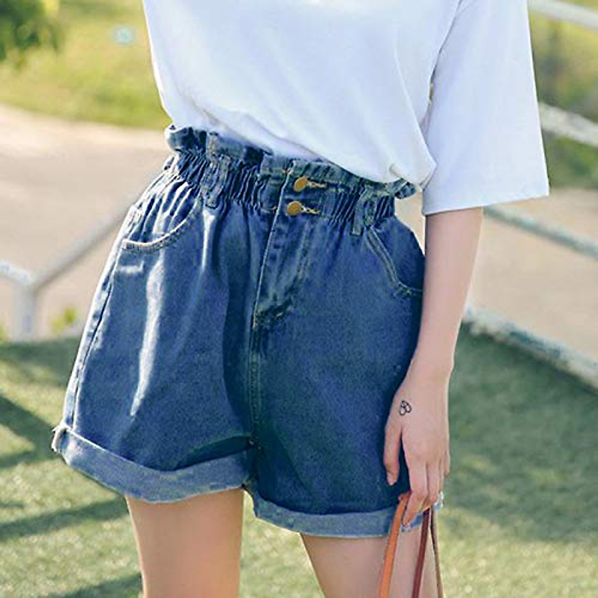 Sdeycui Women High Waist Bud Elastic Waist Wide Legging Solid Jeans Shorts(Dark Blue, XXL)