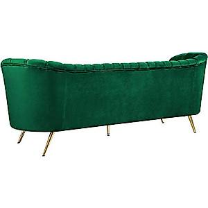 Meridian Furniture Margo Collection Modern | Contemporary Velvet Upholstered Sofa with Deep Channel Tufting and Rich Gold Stainless Steel Legs, Green, 88" W x 30" D x 33" H