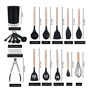 Bayobid silicon kichen utensil set, 27 pieces cooking utensil set, wooden handle non-toxic BPA free kitchn gudget, black silicone kitchen utensils set with high degree of heat resistant with holder.