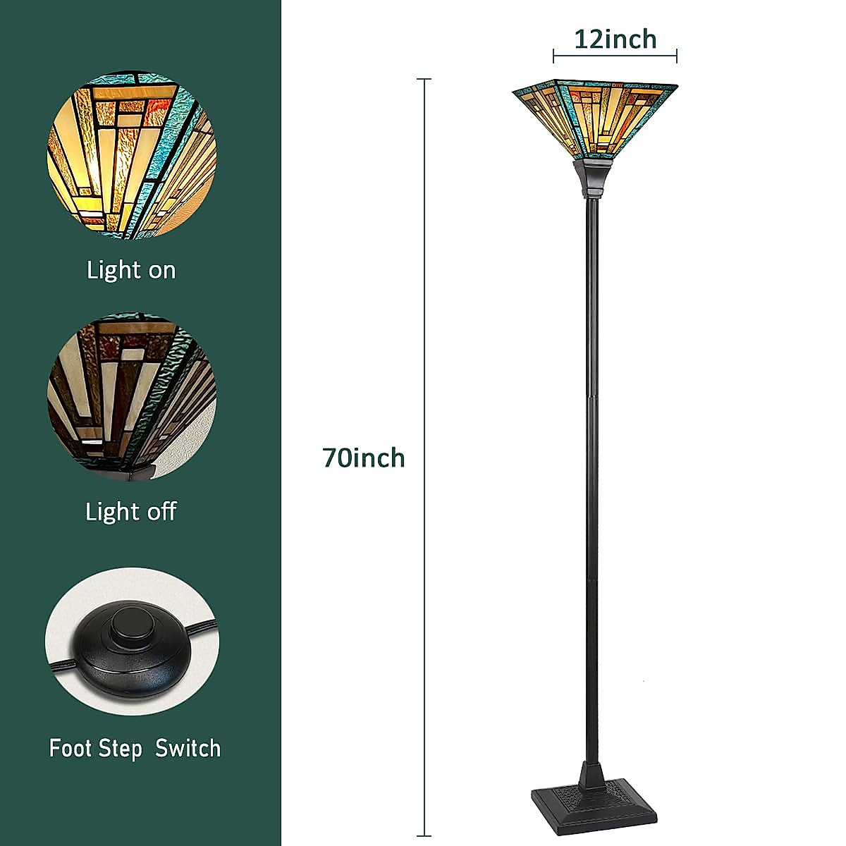 COTOSS Tiffany Torchiere Floor Lamp Mission Style Green Stained Glass Torch Light 70" Tall Antique Standing Corner Light for Living Room Bedroom Home Office