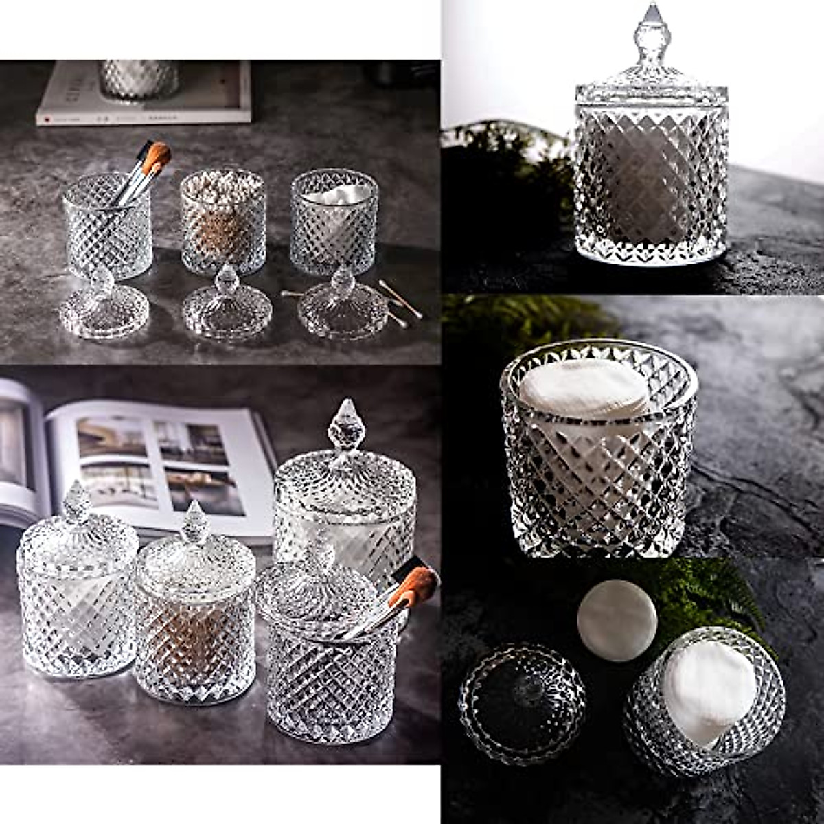 rejomiik 2 Pack Qtip Holder Thick Glass Apothecary Jars with Lid for Bathroom Decor, Clear Cotton Ball Storage Organizer for Cotton Swab, Cotton Rounds, Jewelry, Candy