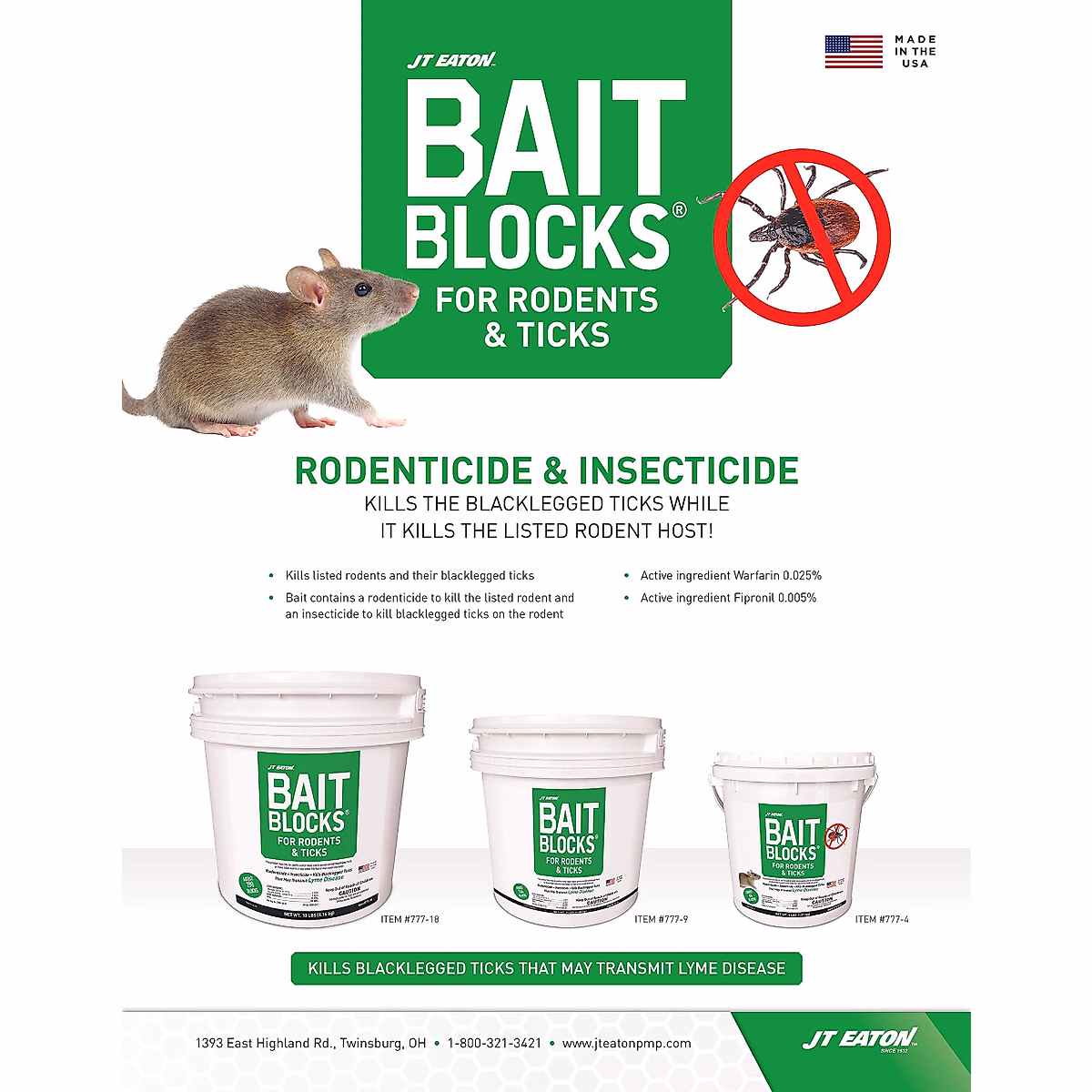 JT Eaton 777-18 Bait Block for Rodents and Ticks (18 lb Resealable Pail of 290)