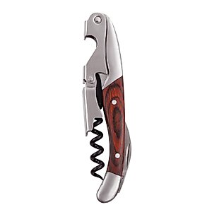 True Wood Handle Double Hinged Waiter’s Corkscrew, Stainless Steel Wine Key with Foil Cutter