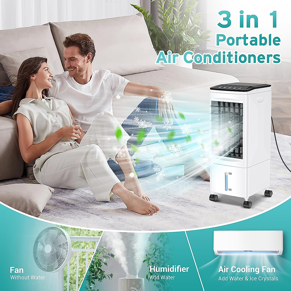 Portable Air Conditioners, 3-IN-1 Air Conditioner Portable with 3 Speeds, 6L Portable AC w/7H Timer, 60°Oscillation, Remote Control Windowless Portable Air Conditioner for Room, Home