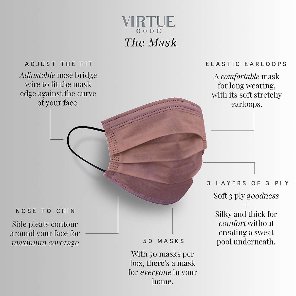 VIRTUE CODE Support Face Masks - Soft 3 Ply Comfort Face Masks, Colorful Disposable Face Mask 50 Pack. Earth Tones Colored Masks. Adults Mens and Womens Disposable Face Masks