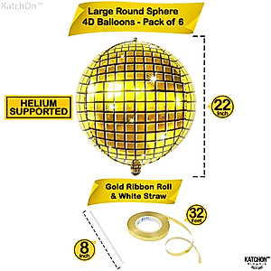 KatchOn, Big Gold Disco Ball Balloons - 22 Inch, Pack of 6, Gold Disco Party Decorations | 4D Gold Disco Balloons, 70s Party Decorations | Gold Disco Ball Decorations | Disco Ball Balloons Gold