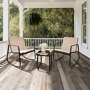 YITAHOME 3 Piece Patio Furniture Set with Rocking Bistro Chairs and Glass Table, Textilene Fabric Small Outdoor Conversation Furniture Set for Backyard, Lawn, Garden, Balcony, Poolside (Brown)