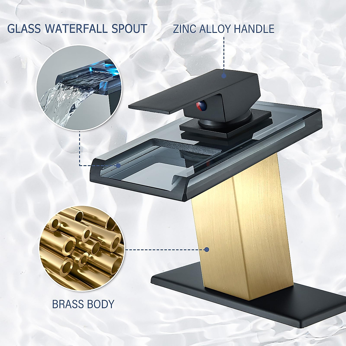 FCOTEEU LED Bathroom Sink Faucet, Matte Black Bathroom Faucet Single Handle Waterfall Glass Spout Vanity RV Bathroom Faucets for Sink 1 Hole with Pop Up Drain and Water Supply Lines