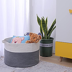 Extra Large Storage Basket, Woven Cotton Rope Blanket Basket for Nursery and Home, Fabric Laundry Basket with Handles for Living Room, Laundry Room, Kids Room and Bedroom, White and Gray