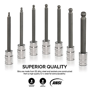 Neiko 10243A 3/8-Inch-Drive Extra-Long Ball-End Hex-Bit Socket Set, Metric Sockets 3/8" or 3 to 10 mm, S2 Steel, 7-Piece Set
