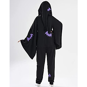 haikyuu Women Halloween Onesie Costume Bat Pajama Pumpkin Emoji Loungewear Turkey Hooded Kigurumi Jumpsuit Homewear (large, black)
