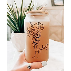 Customized Glass Tumbler with Flower and Name - Personalized Tumbler Set with Straw - Bridal Party Gifts - Bachelorette Party Tumblers - Bamboo Lid Iced Coffee Cup - Bridesamid Gifts