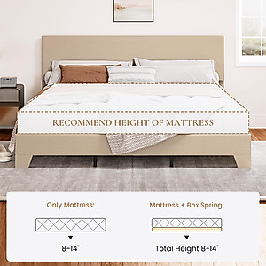 SHA CERLIN Upholstered King Size Bed Frame with Adjustable Headboard, Stable Mattress Foundation, Strong Back-Support, No Box Spring Needed, Beige