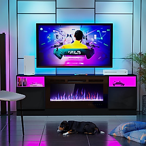Spurgehom 70" Fireplace TV Stand for TVs Up to 80" with 36" Electric Fireplace, TV Console for The Living Room, LED Light Entertainment Center, Storage Cabinet, Media Console Table, Black