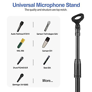 OUKMIC Microphone Stand, Adjustable Karaoke Mic Holder for Singing, Universal Floor Standing Detachable Mike Stand with Weighted Round Base, Cable Clip, Barrel Mic Clip and Tray for Kids Adults