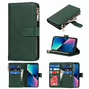 Jaorty for iPhone 13 Mini Phone Wallet Case with Card Holder, Crossbody Strap, Zipper Pocket, PU Leather, Dark Green