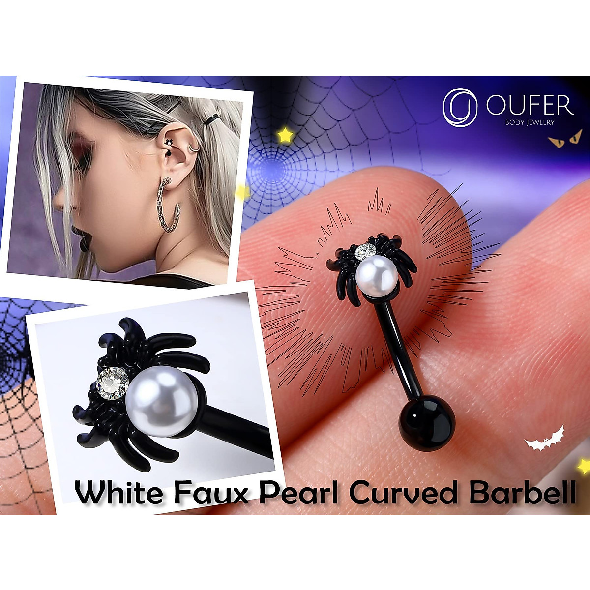 OUFER Rook Piercing Jewelry, 316L Surgical Steel Rook Earrings For Women Men, 16G Spider Curved Barbell Eyebrow Rings, Pearl Tragus Daith Piercing Jewelry(Black)…