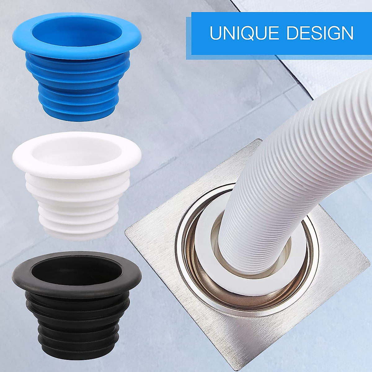 3Pcs Drain Pipe Hose Silicone Plug Sewer Seal Ring for Washing Universal Fit Drain Hose Machine Laundry Room Bathroom Bathtub Kitchen Cleaning Tools(Black White Blue)
