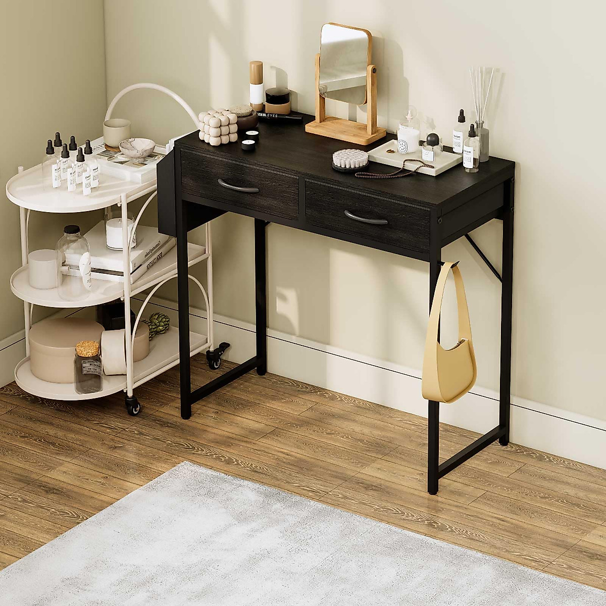 XIV Small Computer Desk with 2 Drawers, 31.5 Inch Home Office Desk with Storage Bag and Headphone Hook, Simple Desk for Small Spaces (Black, 31.5")