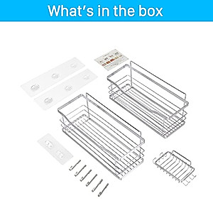 Carwiner Shower Shelf Deep Caddy 3-Pack basket with 10 Hooks & Soap Dish Holder, SUS304 Stainless Steel Bathroom Caddy Organizer Rack Adhesive Shampoo Holder Wall Mounted No Drilling (Silver)