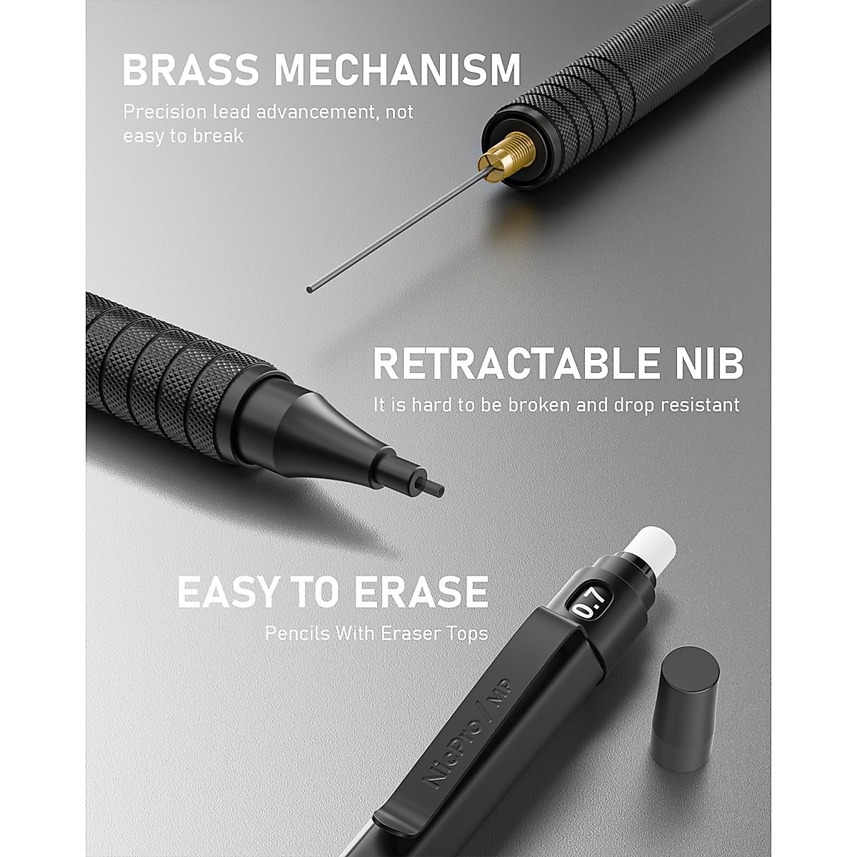 Nicpro 0.7 mm Mechanical Pencils Set with Case, 3 Metal Artist Pencil With 6 Tube HB Lead Refills, 3 Erasers, 9 Eraser Refills For Architect Art Writing Drafting Drawing, Engineering, Sketching, Black