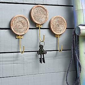 Indian Shelf 3 Piece Wood Boho Wall Hooks for Hanging Coats, Bags, Backpack Decorative Key Holder Unique Coat Rack Wall Mounted Natural Brown Rattan Key Hooks