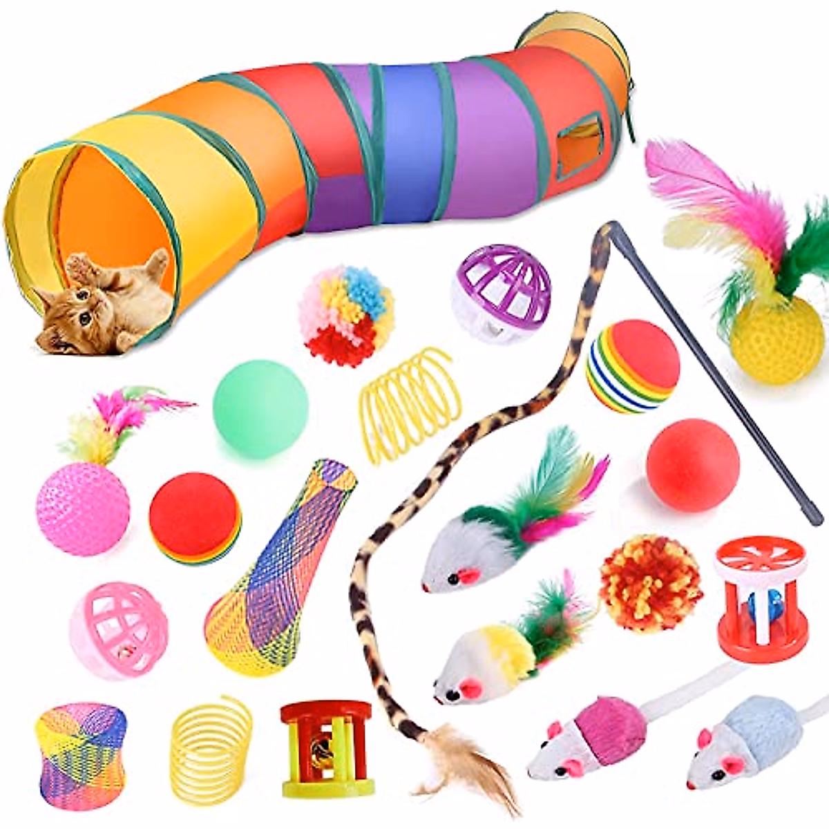 22PCS Cat Toys, Kitten Toy with Collapsible Rainbow Cat Tunnel, Cat Toys for Indoor Cats, Interactive Cat Toy Set Include Crinkle Ball, Variety Jingle Bells, Spring Toy, Mouse Toys for Cats, Kitty