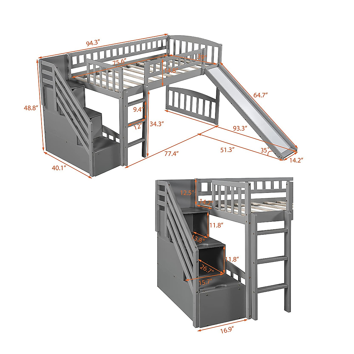 Harper & Bright Designs Twin Loft Bed with Slide for Kids, Wood Slide Loft Bed with Stairs and Built-in Ladder, No Box Spring Needed,Grey