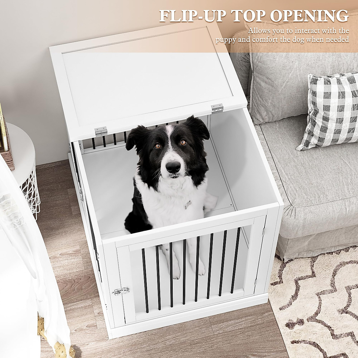 PUPETPO Dog Crate Furniture with Cushion, Dog Crate End Table Large, Indoor Dog Kennel, Dog House, Dog Cages for Large Dogs, Furniture Style Dog Crate with Flip-top, Chew-Proof Metal Bars, White
