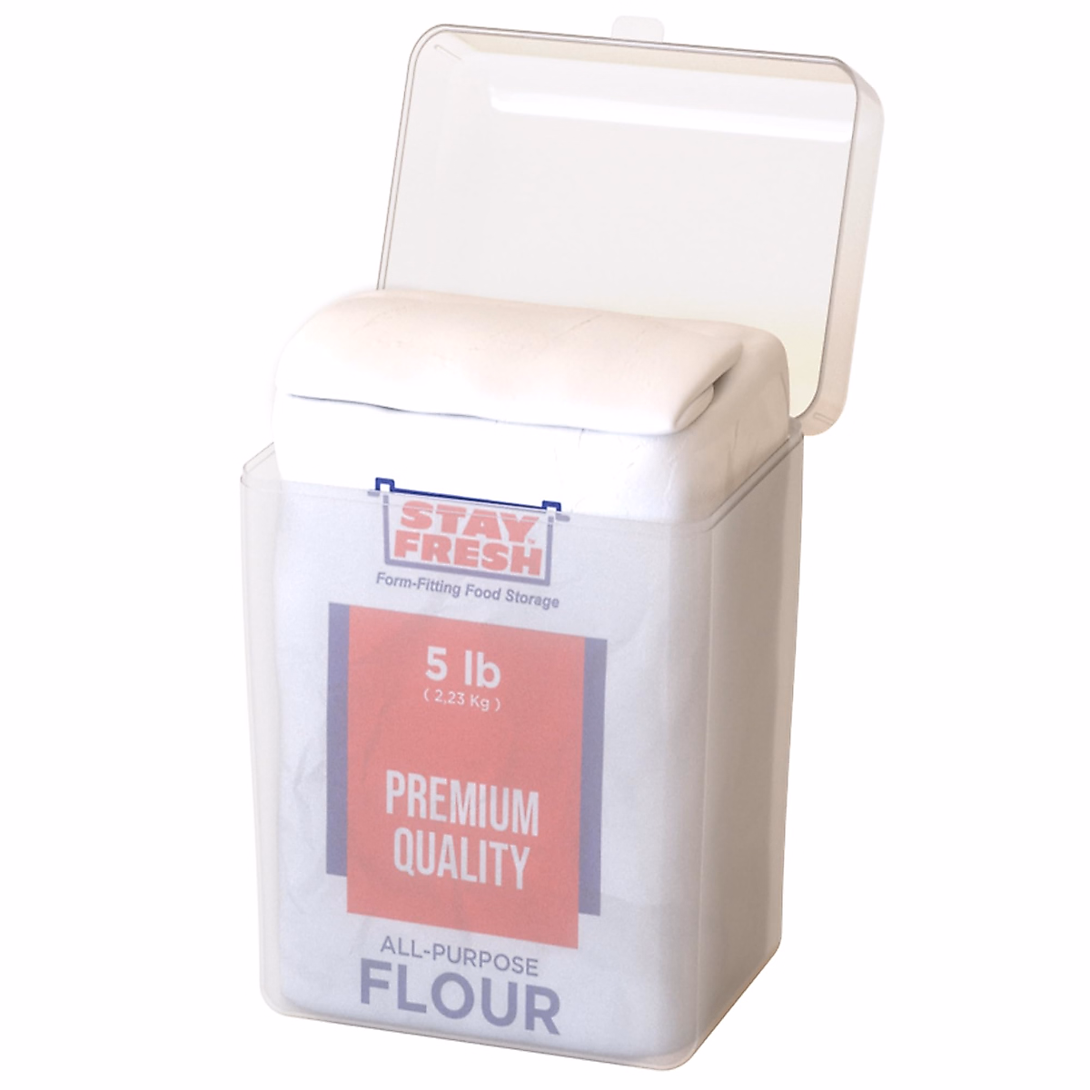 Stay Fresh Clear Flour Storage Container - Plastic Flour Canister for Kitchen Pantry, Baking Needs - Holds 5LB Bag of Flour - Large Form-Fitting Food Keeper Bin - Flour Holder