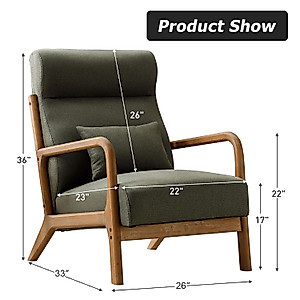 INZOY Mid Century Modern Accent Chair with High Back, Upholstered Living Room Chairs with Waist Cushion, Wood Frame Reading Armchair for Bedroom Sunroom, Green
